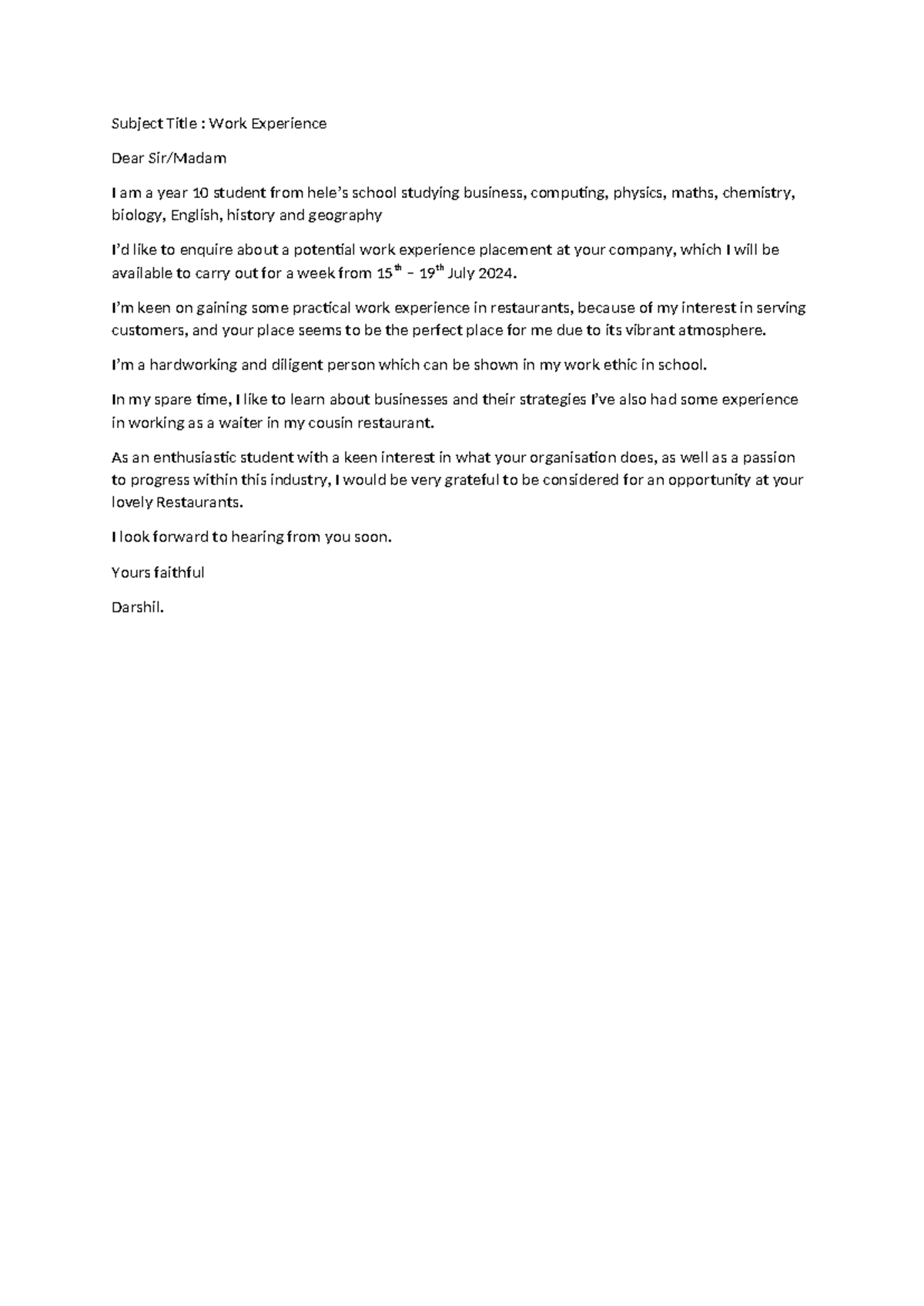 Work-experience-enquiry-email-template.311087479 - Subject Title : Work ...