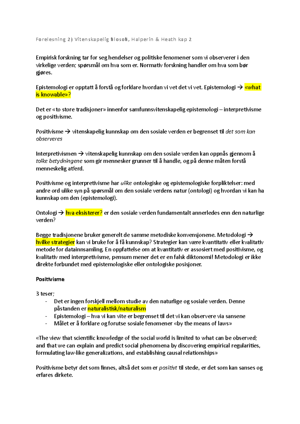 STV1010 eksamensøving - Forelesning 2) Vitenskapelig filosofi, Halperin & Heath kap 2 Empirisk ...