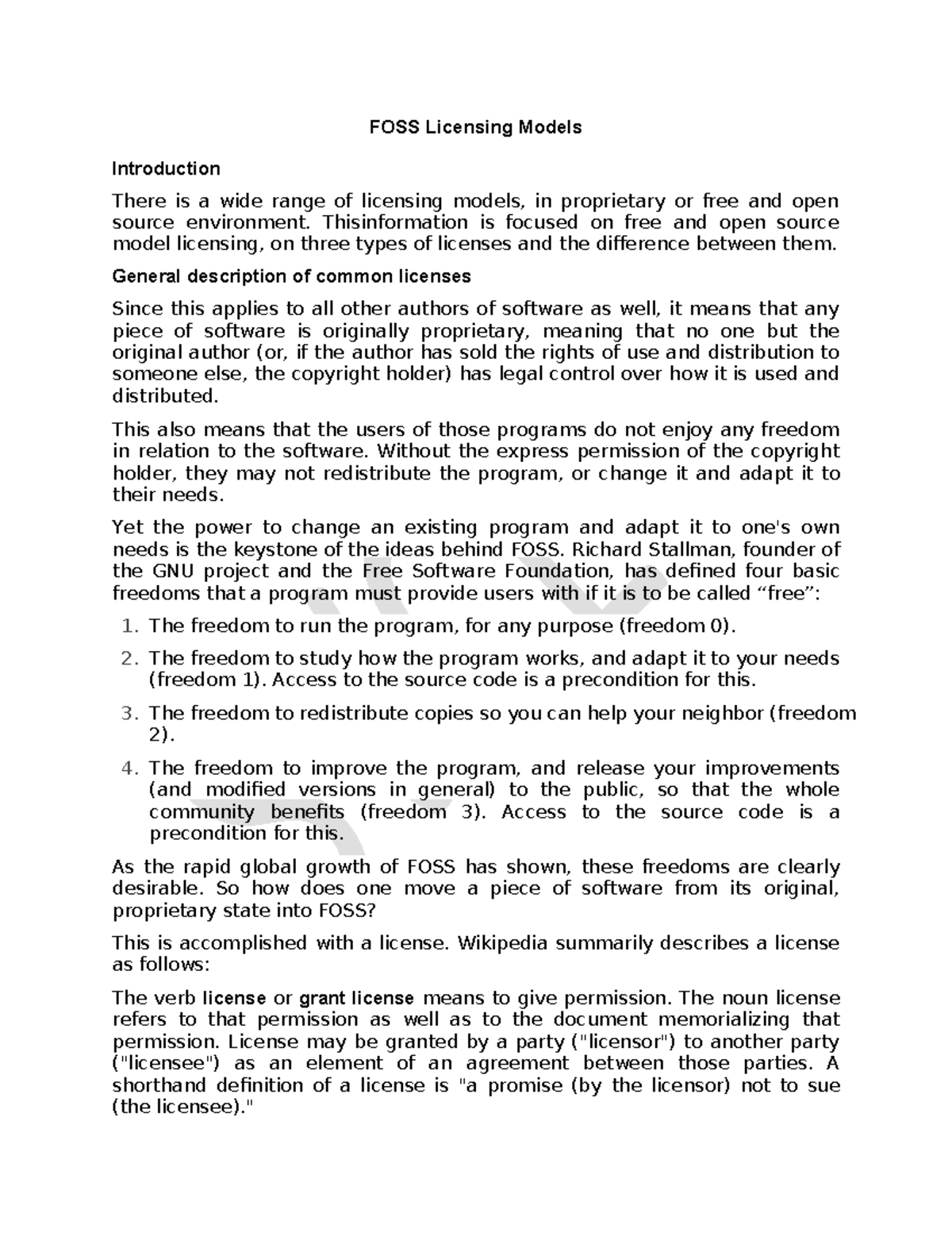 FOSS Licensing Models - notes - FOSS Licensing Models Introduction ...