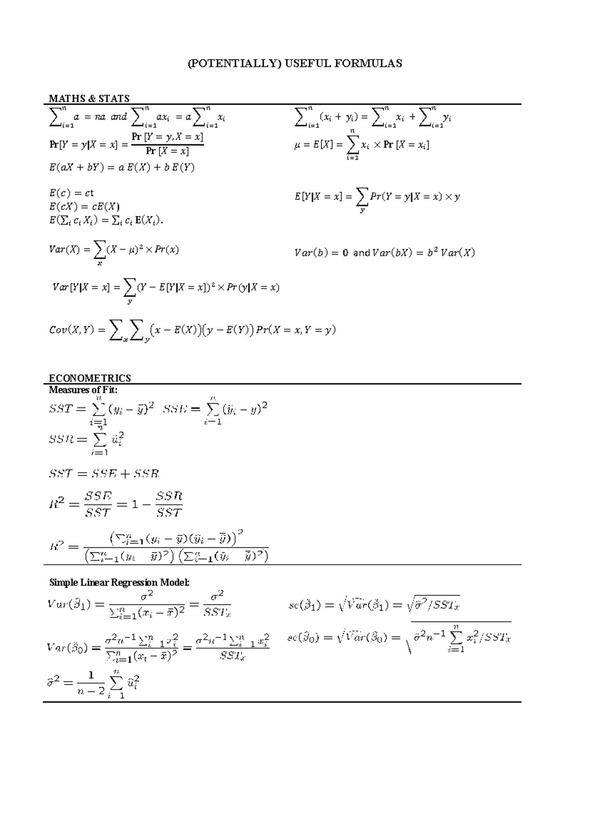 Formula sheets and tables Final - (POTENTIALLY) USEFUL FORMULAS MATHS ...