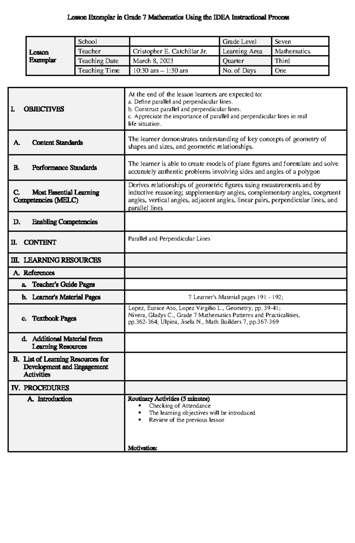 Idea lesson exemplar - Lesson Exemplar in Grade 7 Mathematics Using the ...