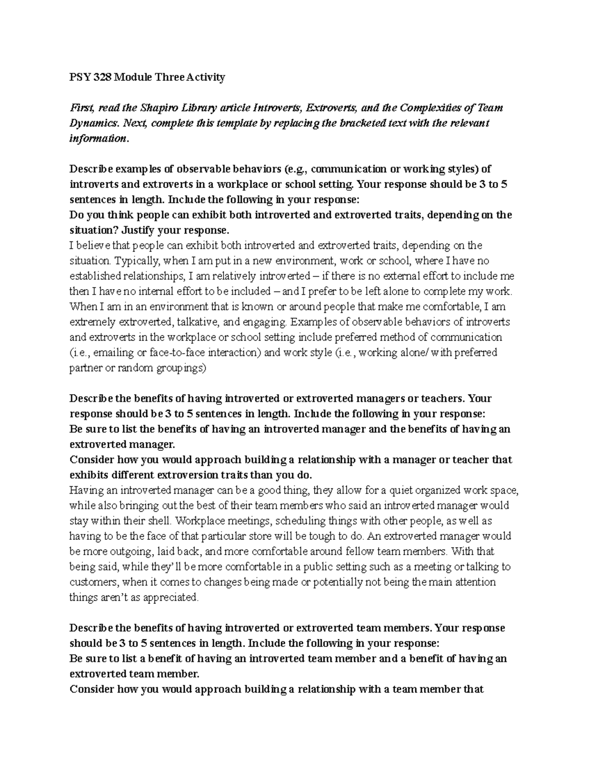 PSY 328 Module Three Activity extroverts - PSY 328 Module Three ...