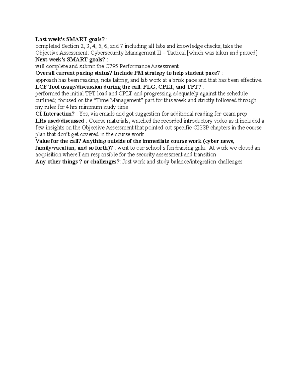 Example Weekly Assessment Report - Last week's SMART goals? : completed ...