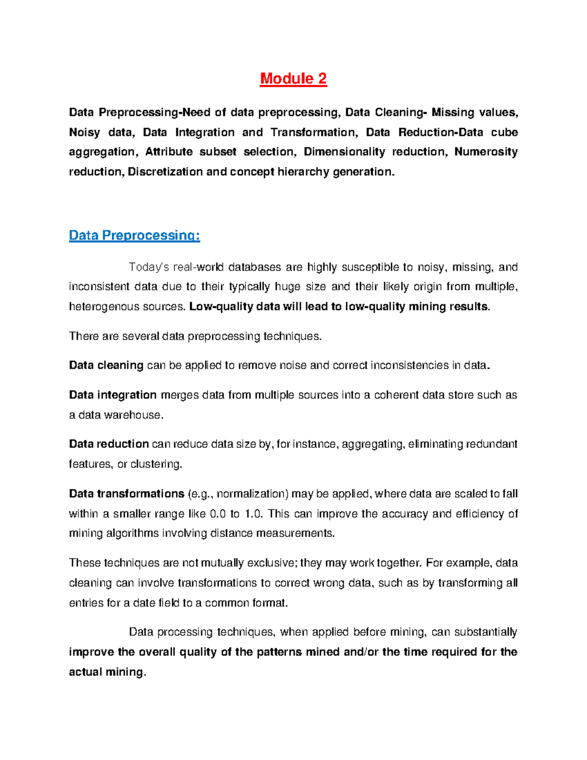 Module 2 - mod 2 - Module 2 Data Preprocessing-Need of data preprocessing, Data Cleaning ...