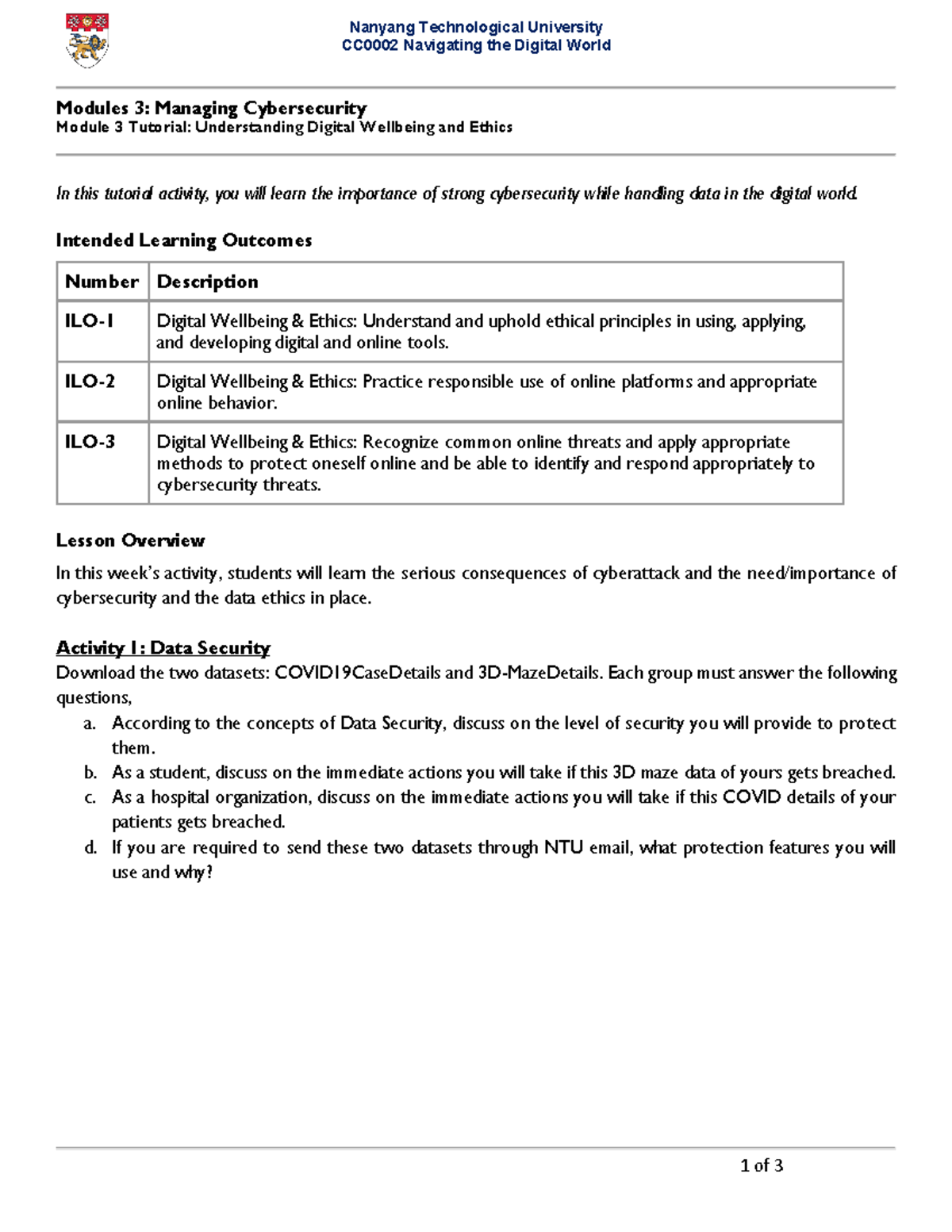 Module 3 Tutorial - Nanyang Technological University CC0002 Navigating the Digital World 1 of 3 ...