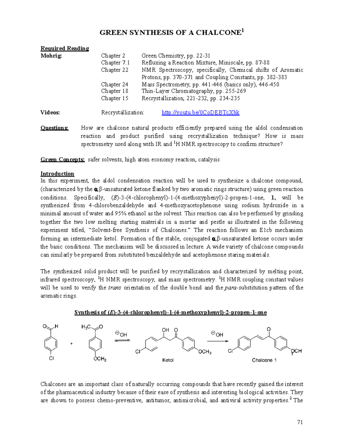 New Chalcone Synthesis Handout - GREEN SYNTHESIS OF A CHALCONE 1 ...