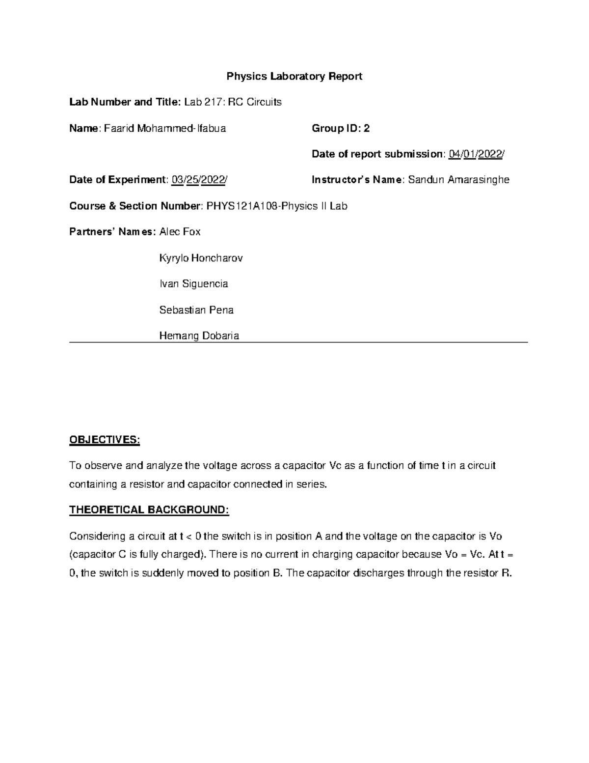 Physics Laboratory Report 217 RC circuits - Physics Laboratory Report ...