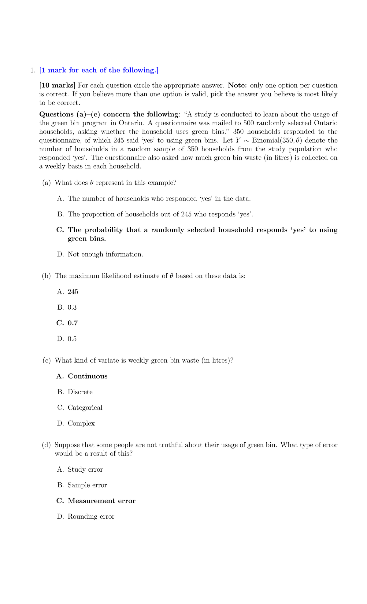 F23 Practice Final Answers - [1 mark for each of the following.] [10 marks] For each question ...