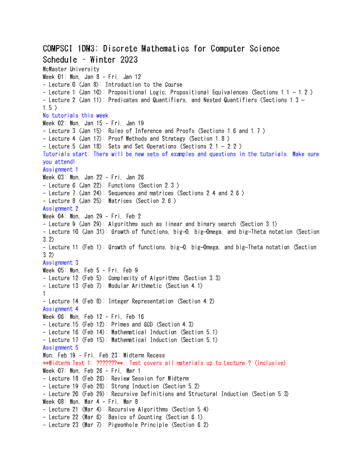 Compsci 1dm3 Schedule Compsci 1dm3 Discrete Mathematics For Computer Science Schedule