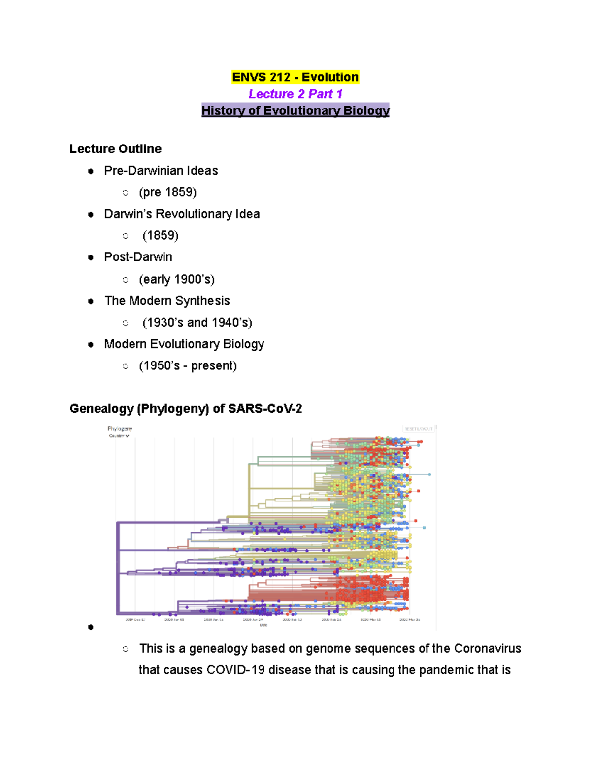 ENVS 212 Lecture 2 Part 1 - Spring 2020 - ENVS 212 - Evolution Lecture 2 Part 1 History of - Studocu
