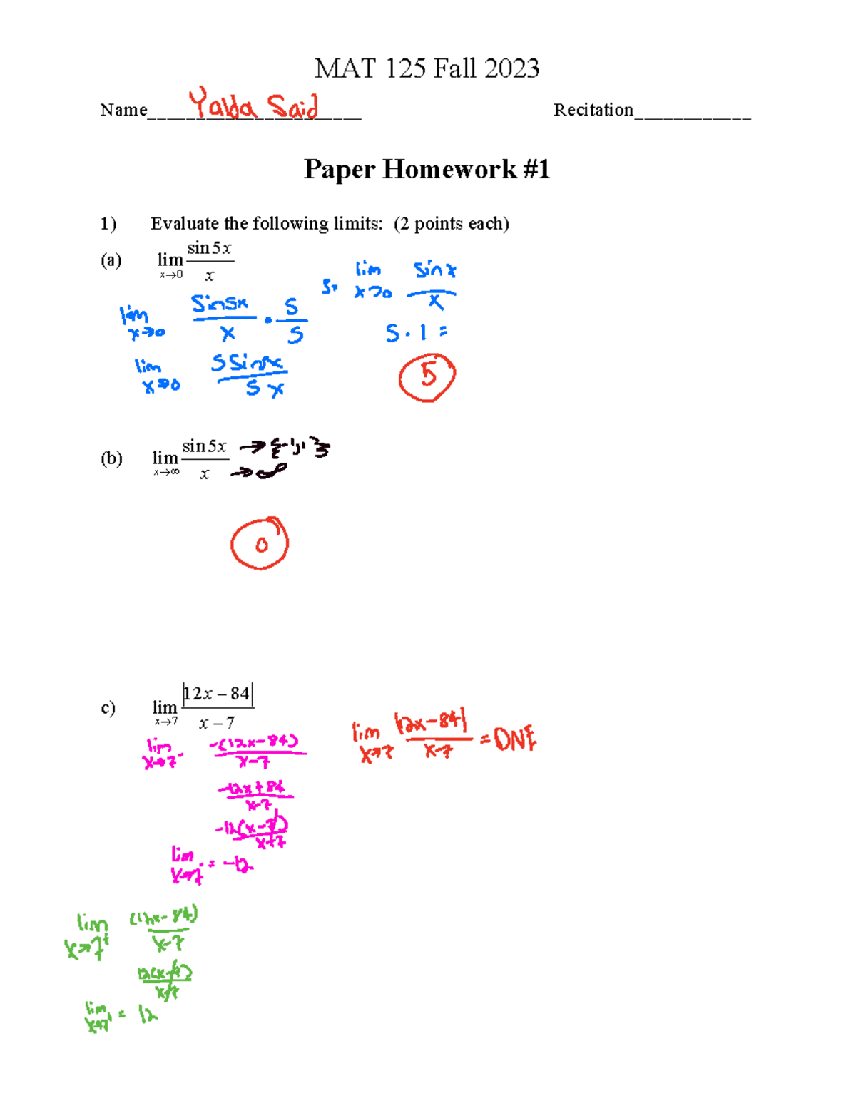Paper HW 1 for MAT 125 Fall 2023 2 - MAT 125 Fall 2023 Name ...
