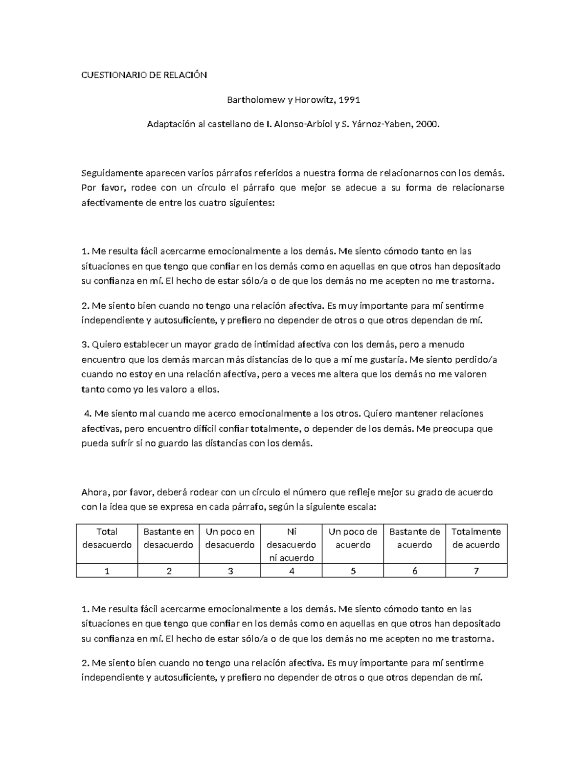 Cuestionario DE Relacion v 1 - CUESTIONARIO DE RELACIÓN Bartholomew y ...