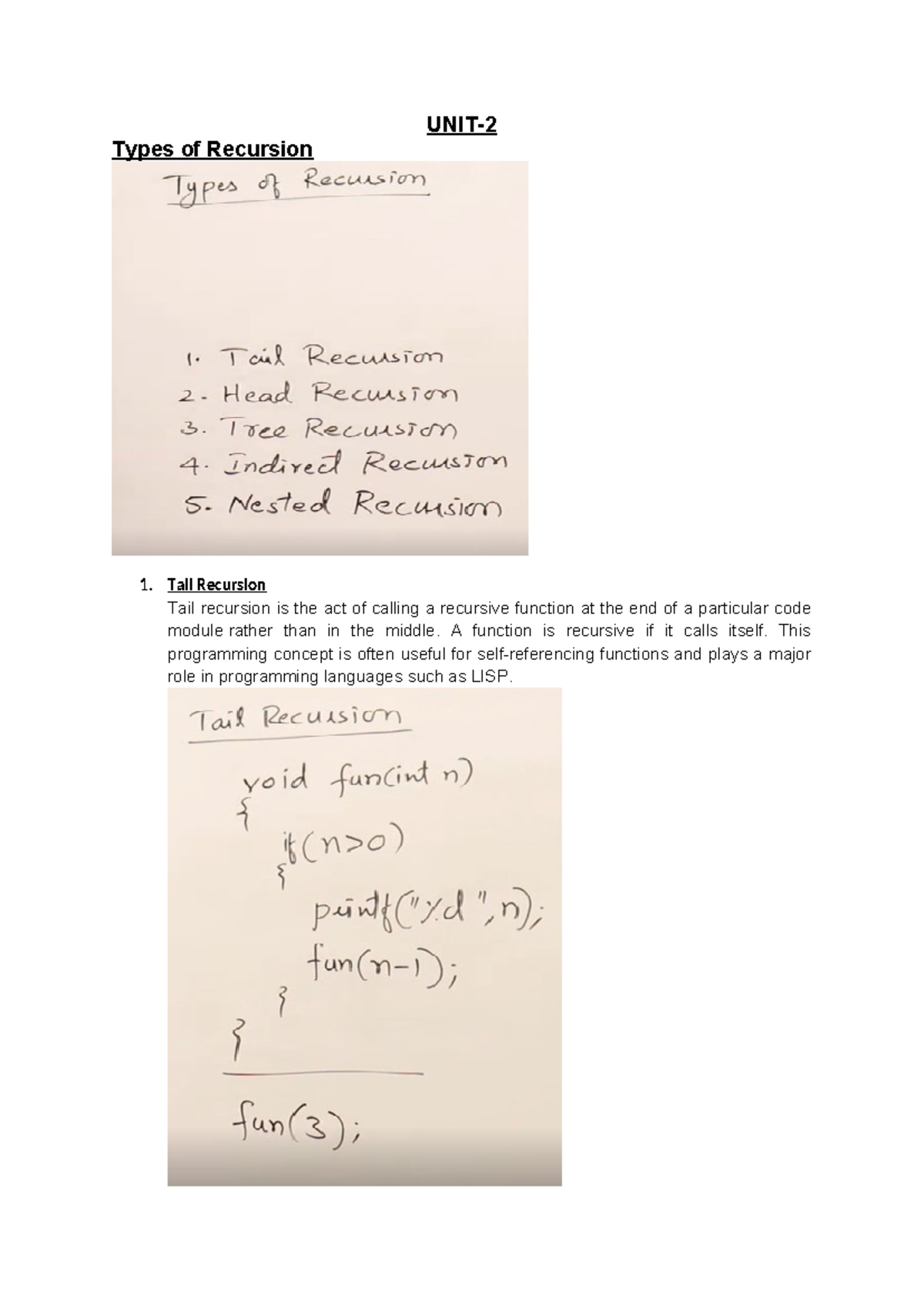 Lecture 15 Ds Lecture Notes Unit Types Of Recursion Tail Recursion Tail Recursion Is The 9668