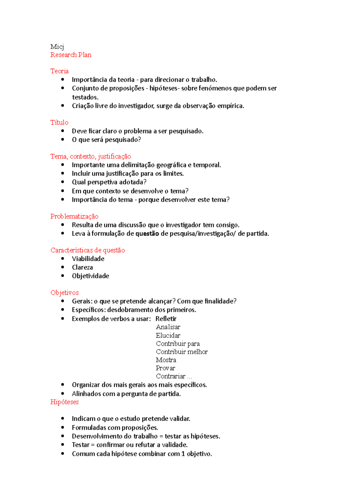 Micj - aula prática - Micj Research Plan Teoria Importância da teoria ...