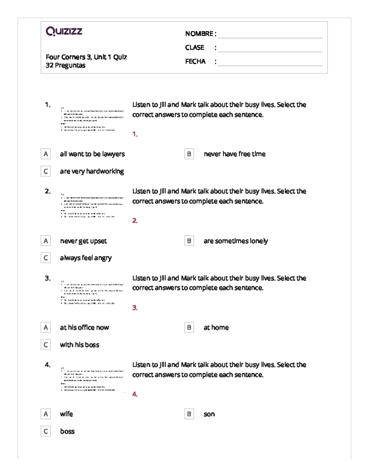 Four Corners 3, Unit 1 Quiz - Four Corners 3, Unit 1 Quiz32 Preguntas ...