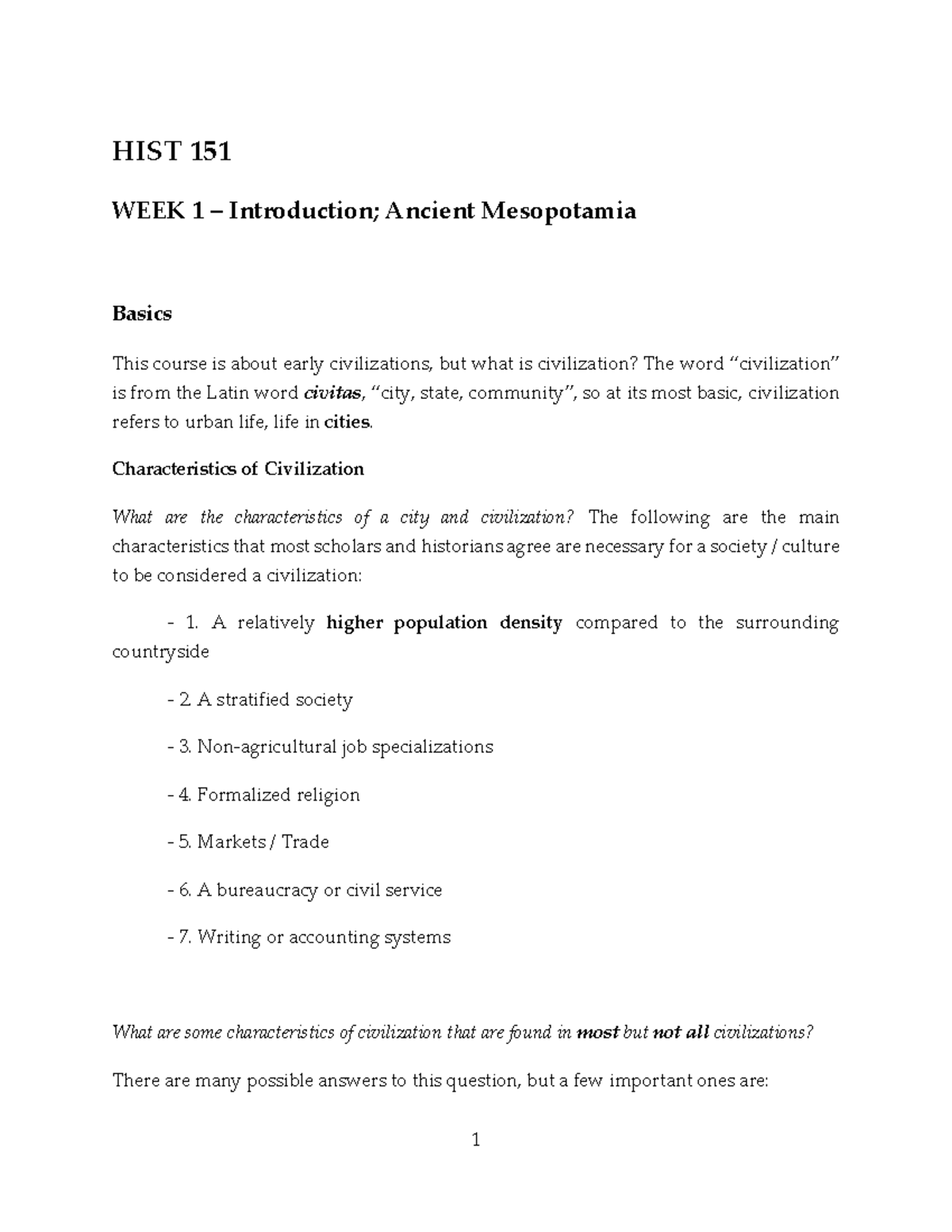 HIST 151 - Class Notes - Week 1 - HIST 151 WEEK 1 – Introduction ...