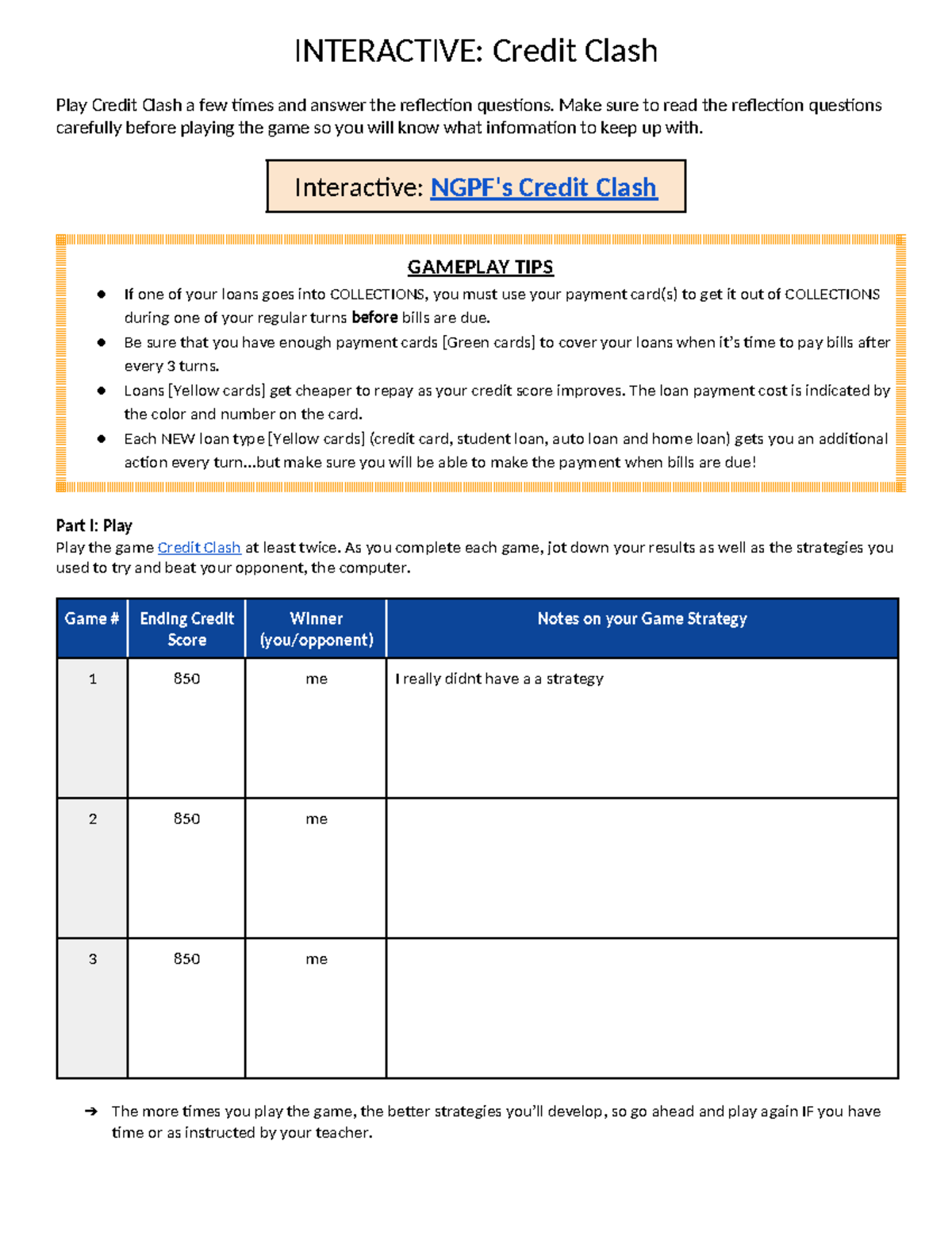 Interactive Credit Clash -1 - INTERACTIVE: Credit Clash Play Credit ...