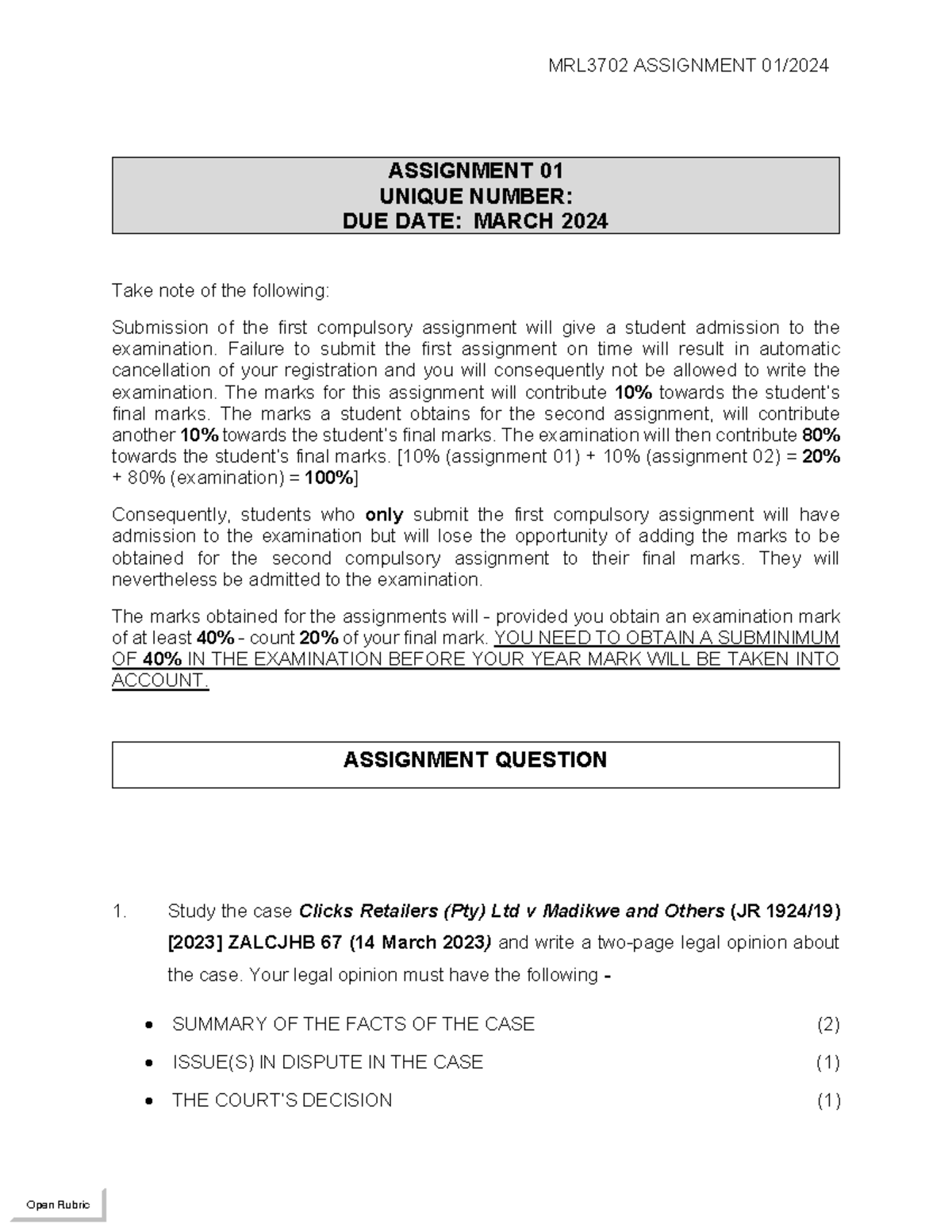 MRL3702 Assignment 01 2024 E - MRL3702 ASSIGNMENT 01/ ASSIGNMENT 01 UNIQUE NUMBER: DUE DATE ...