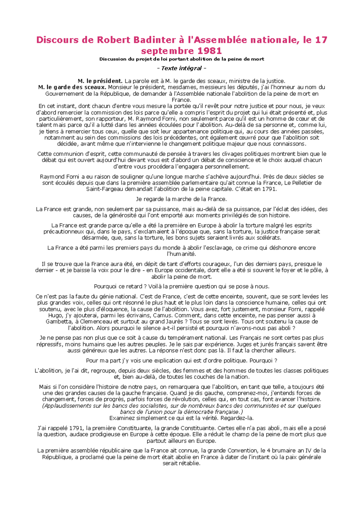 Discours de M.Badinter contre la peine de mort - Discours de Robert ...