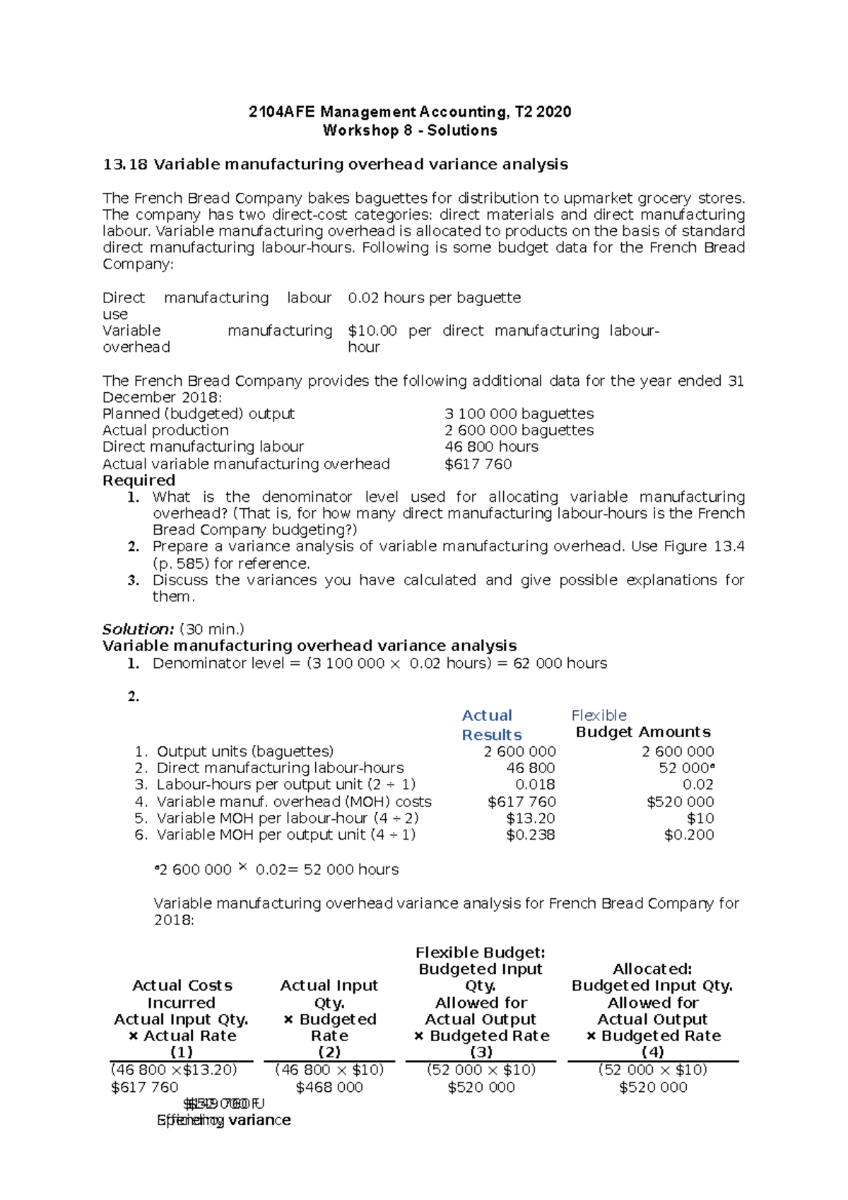 2104AFE Workshop 8 - Solutions(2) - 2104AFE Management Accounting, T2 ...