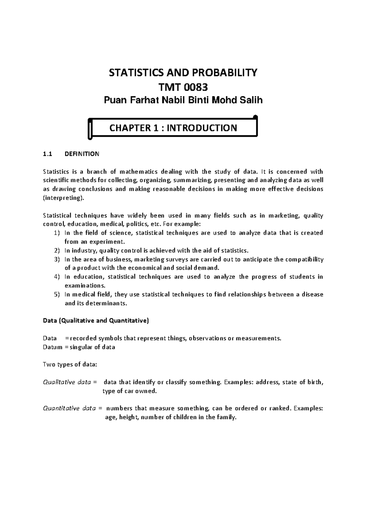 Chapter 1 - notes - STATISTICS AND PROBABILITY TMT 0083 Puan Farhat ...