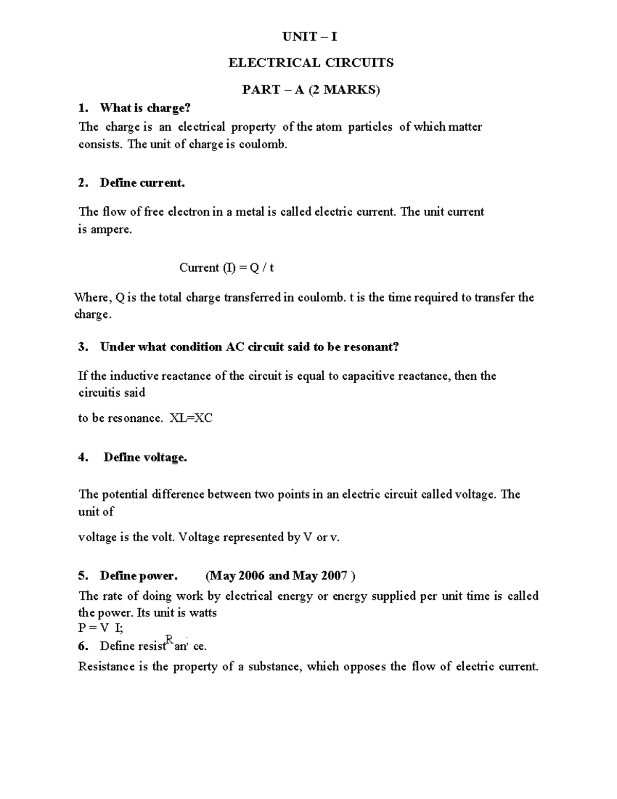 CSE BEEE Important Question 2 Marks AND 16 Marks CSE - UNIT – I ELECTRICAL CIRCUITS PART – A (2 ...