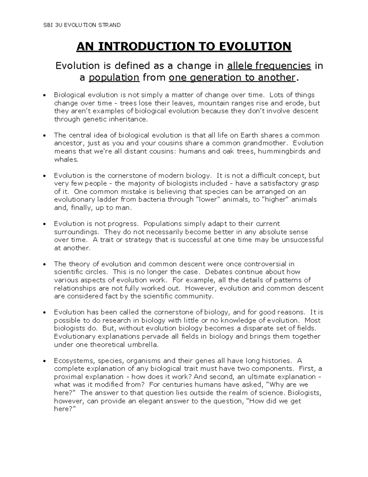 1 - evolution introduction NOTE - SBI 3U EVOLUTION STRAND AN ...