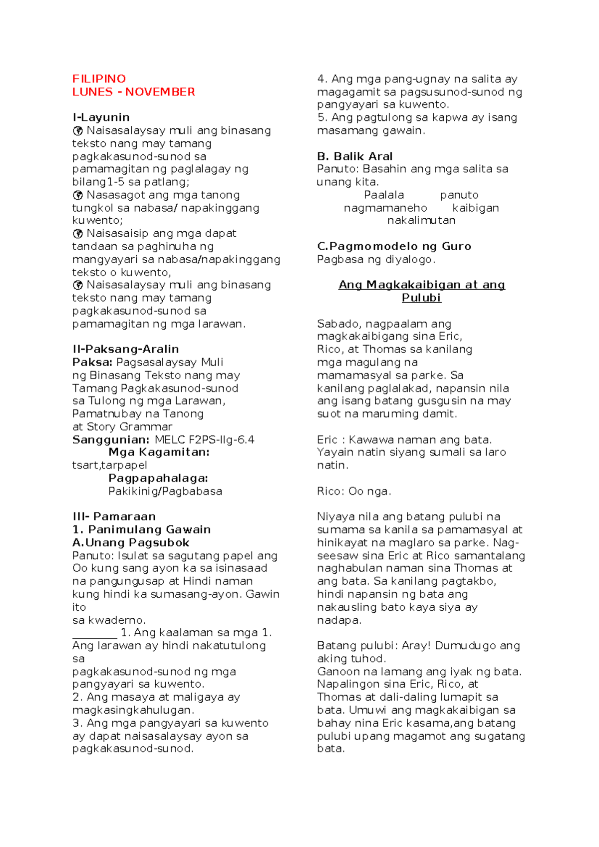 Copy of DLP-Filipino-Q2-Week8 - FILIPINO LUNES - NOVEMBER I-Layunin ...