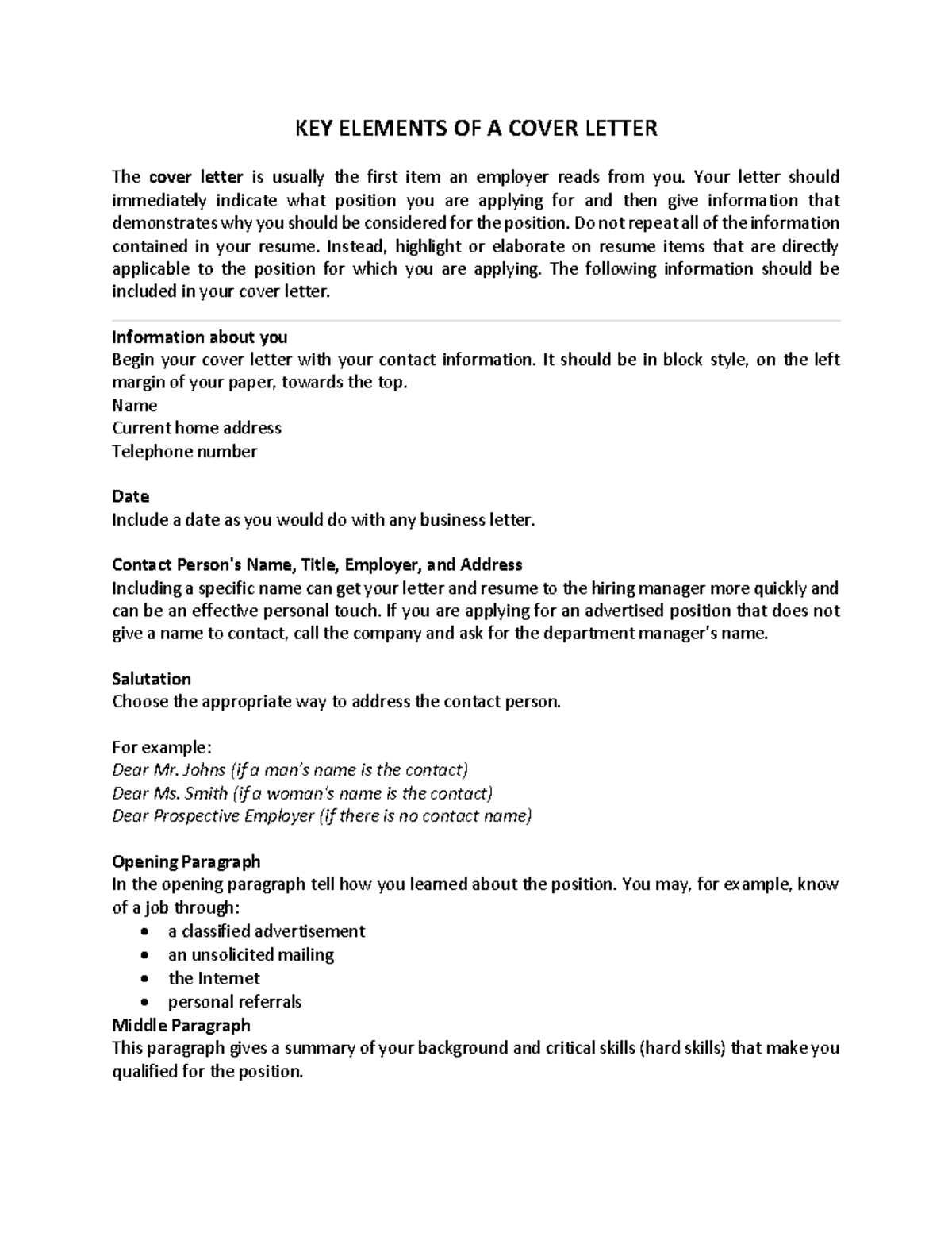 KEY Elements OF A Cover Letter - KEY ELEMENTS OF A COVER LETTER The ...