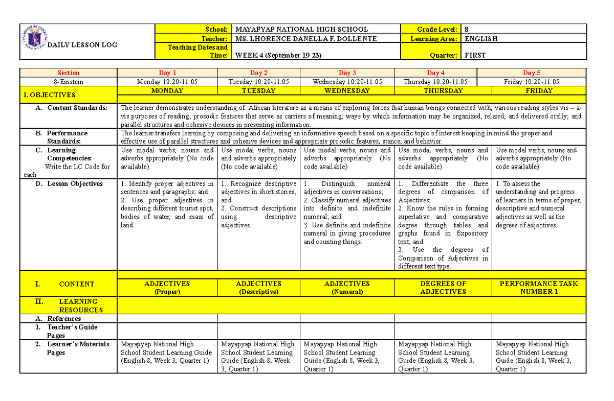 WEEK 4 - English materials - DAILY LESSON LOG School: MAYAPYAP NATIONAL ...