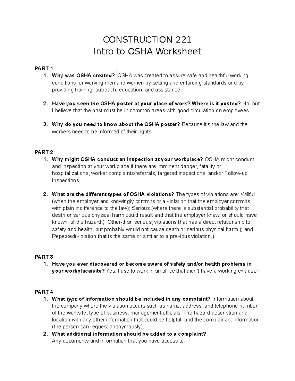 Intro to OSHA Worksheet week 02 - CONSTRUCTION 221 Intro to OSHA Worksheet PART 1 Why was OSHA ...
