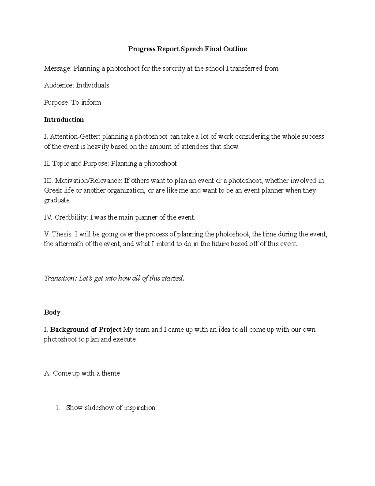 Comm 2004- Progress Report Speech Outline - Progress Report Speech ...