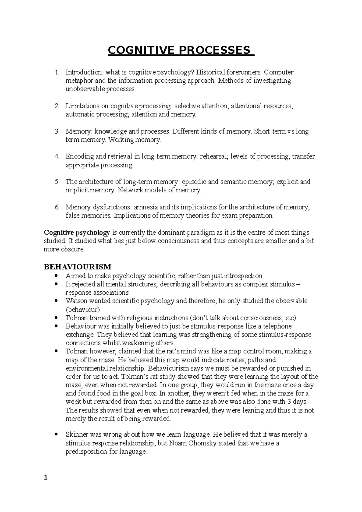 Cognitive Processes Lecture Notes 4 COGNITIVE PROCESSES