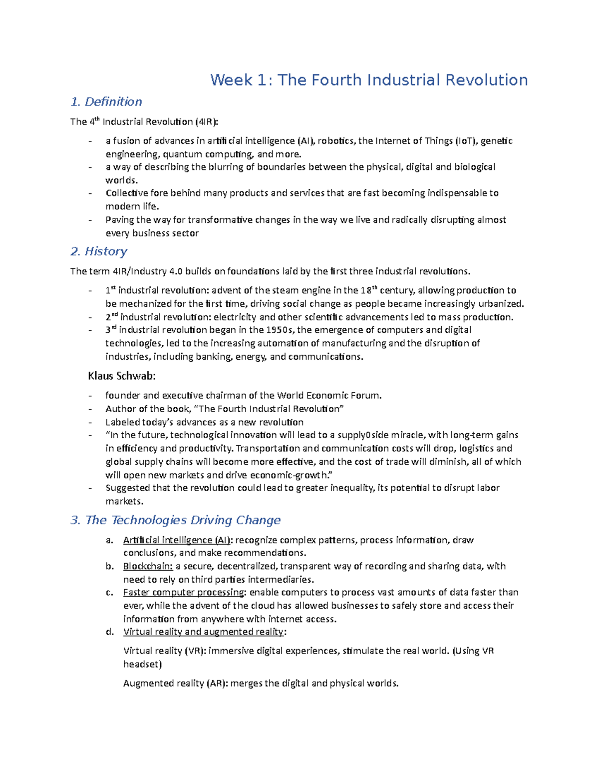 Exam 1 Study Sheet (Professor Gagne) - Week 1: The Fourth Industrial ...
