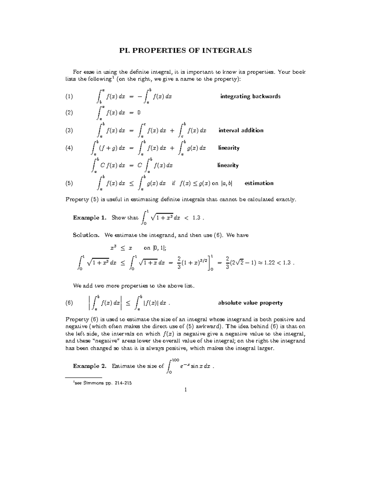 01pi - olpi - PI. PROPERTIES OF INTEGRALS For ease in using the ...