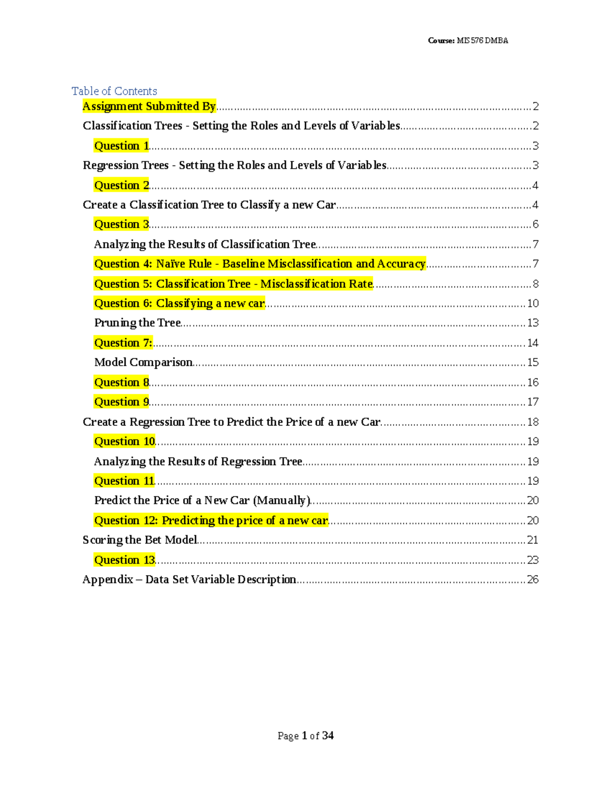 Assignment 5 - decision trees. - Table of Contents Assignment Submitted ...