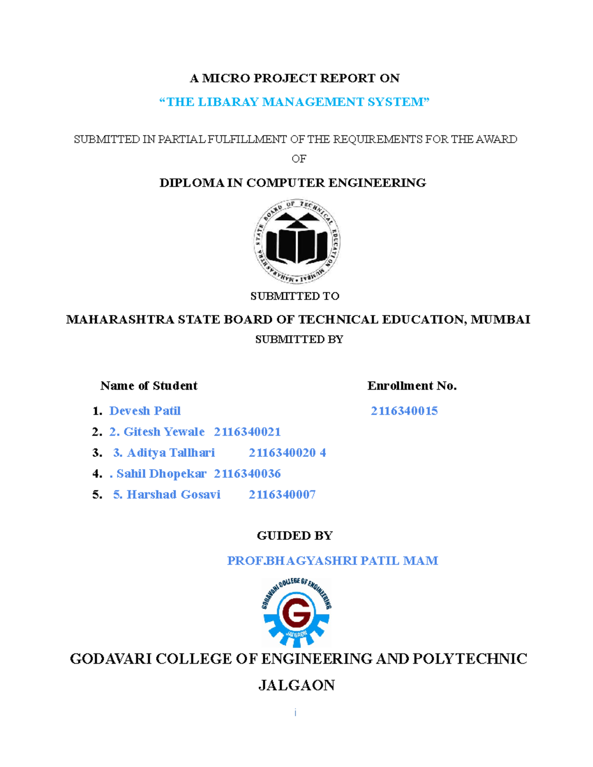 Document - Jajsj - A MICRO PROJECT REPORT ON “THE LIBARAY MANAGEMENT ...