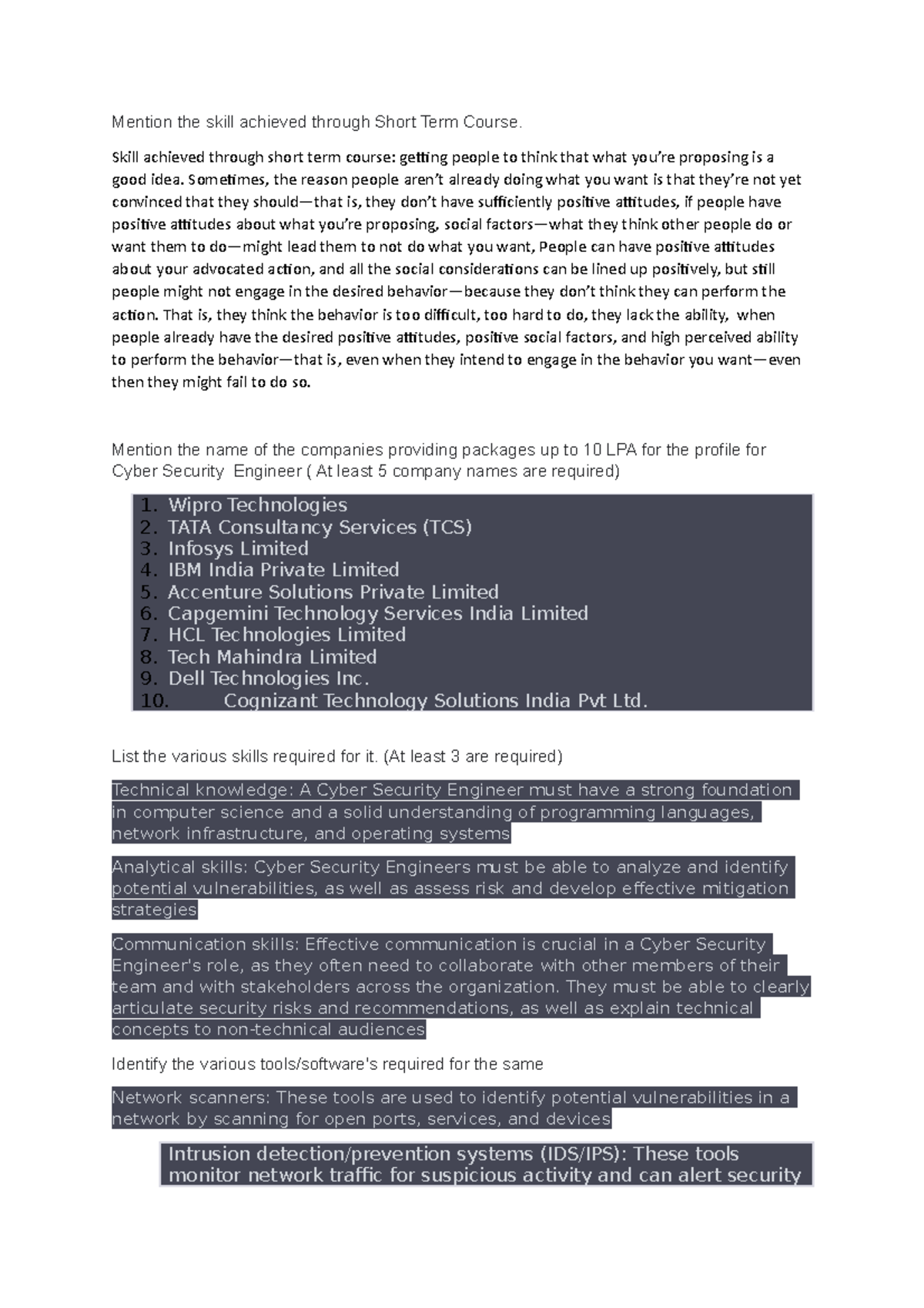 STC and Cyber Security - Hi this is - Mention the skill achieved through Short Term Course ...