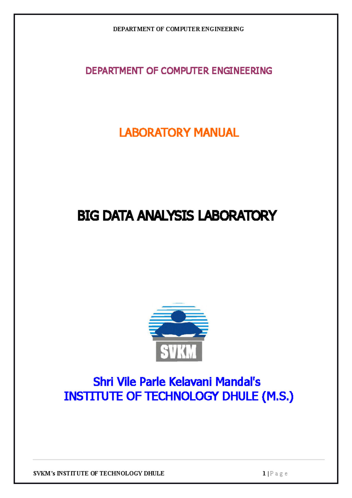 Final Big Data Analaysis Lab Manual - DEPARTMENT OF COMPUTER ENGINEERING LABORATORY MANUAL BIG ...