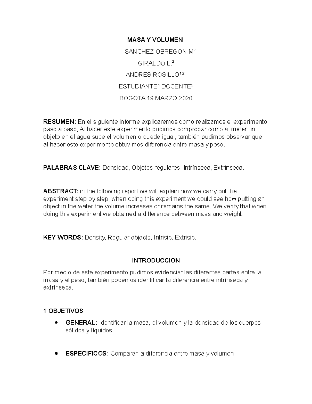 MASA Y Volumen de fisica - MASA Y VOLUMEN SANCHEZ OBREGON M. GIRALDO L ...