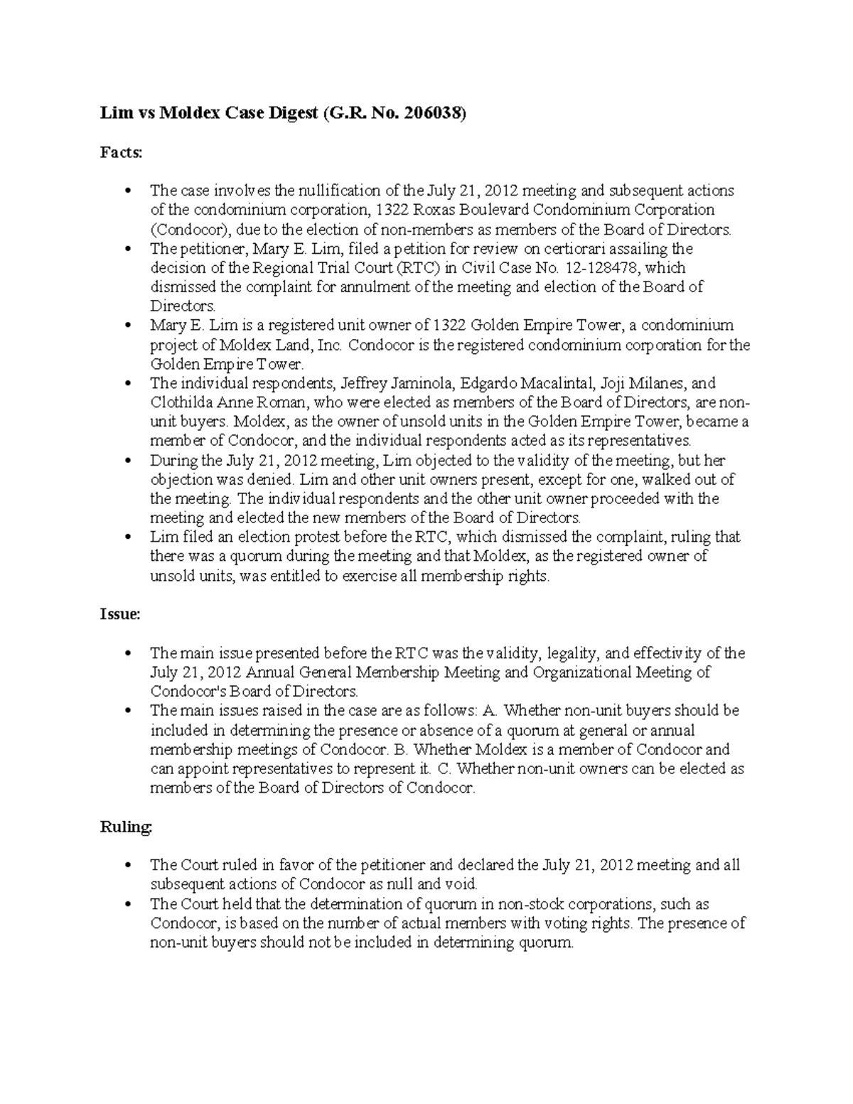 Lim vs Moldex - Summary Remedial Law - Lim vs Moldex Case Digest (G. No. 206038) Facts: The case ...