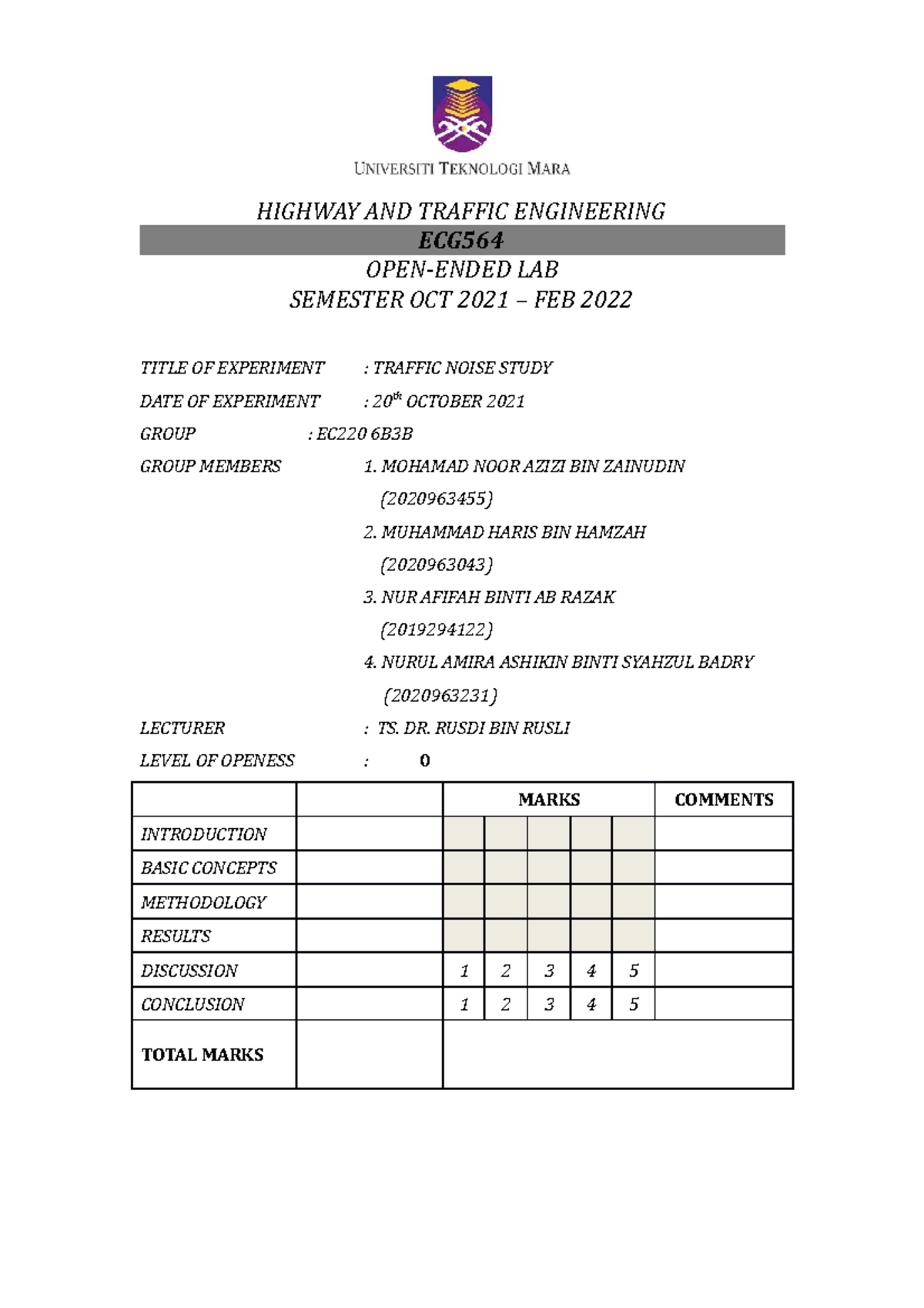 LAB WEEK 2 Traffic Noise Study - HIGHWAY AND TRAFFIC ENGINEERING ECG ...