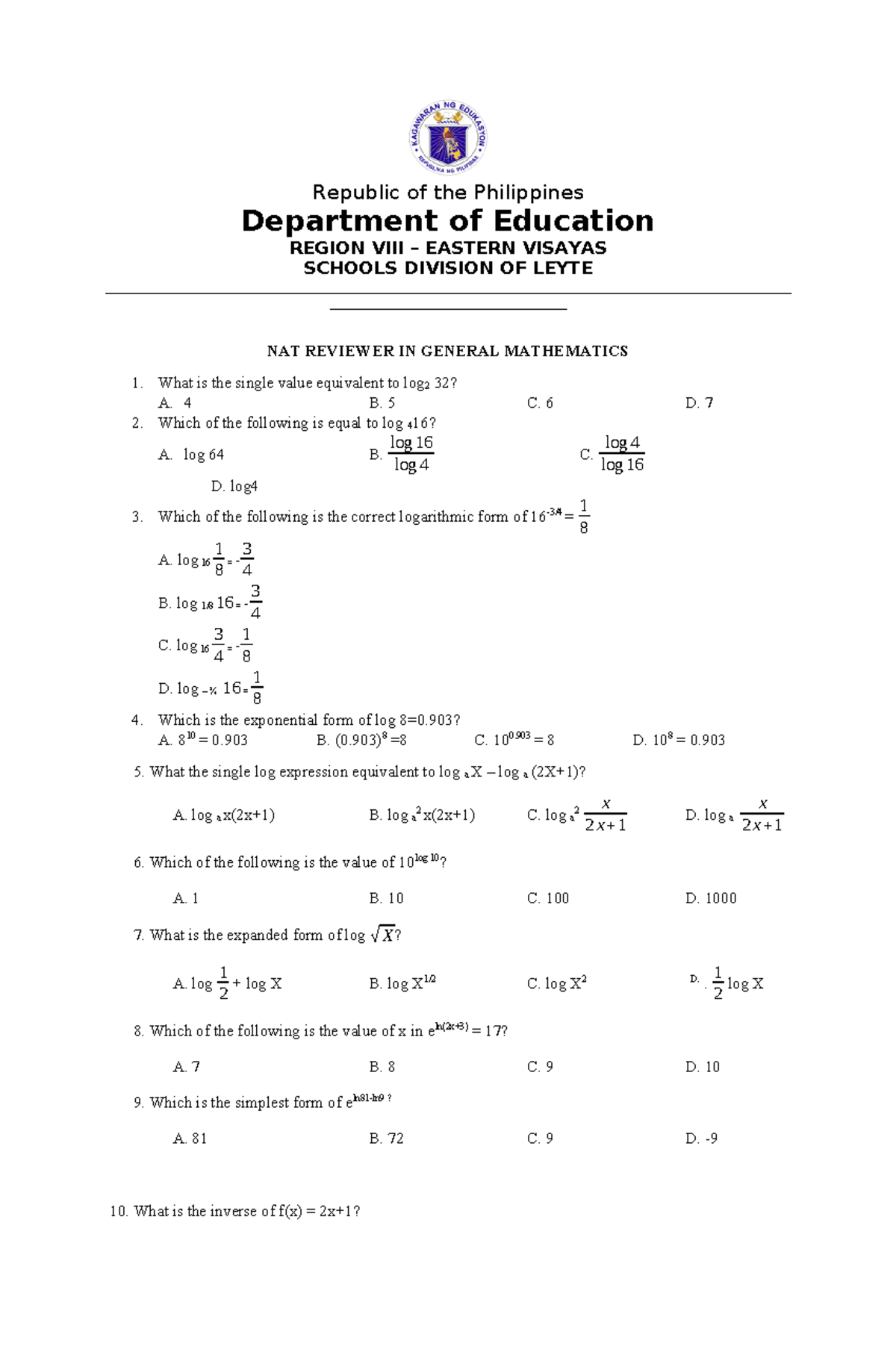 NAT- Reviewer - Republic of the Philippines Department of Education REGION VIII – EASTERN ...