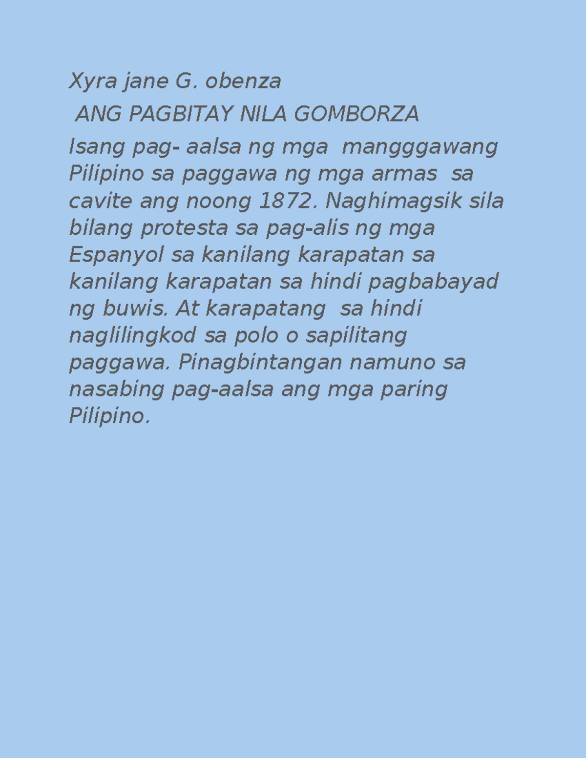 Xyra jane G - review - Physical Education and Health - Xyra jane G. obenza ANG PAGBITAY NILA ...