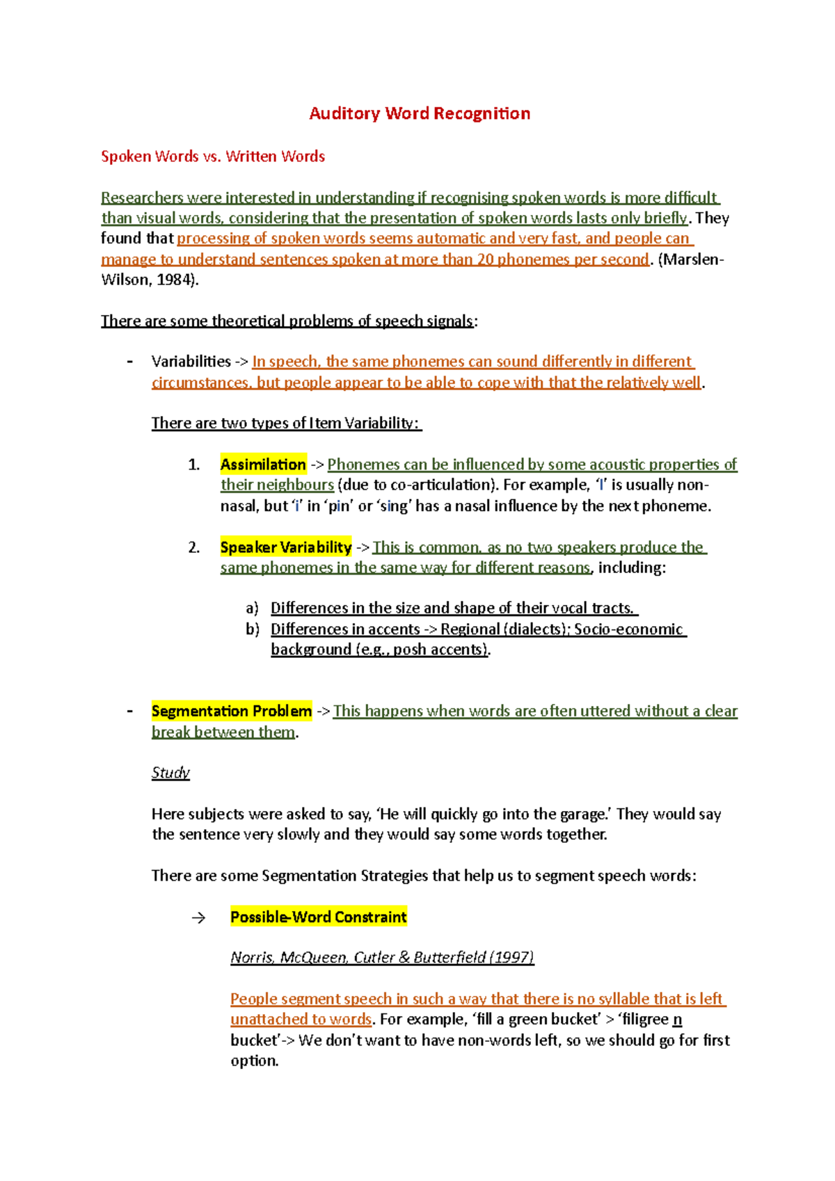Psychology of Language - Lecture 3 - Auditory Word Recognition ...