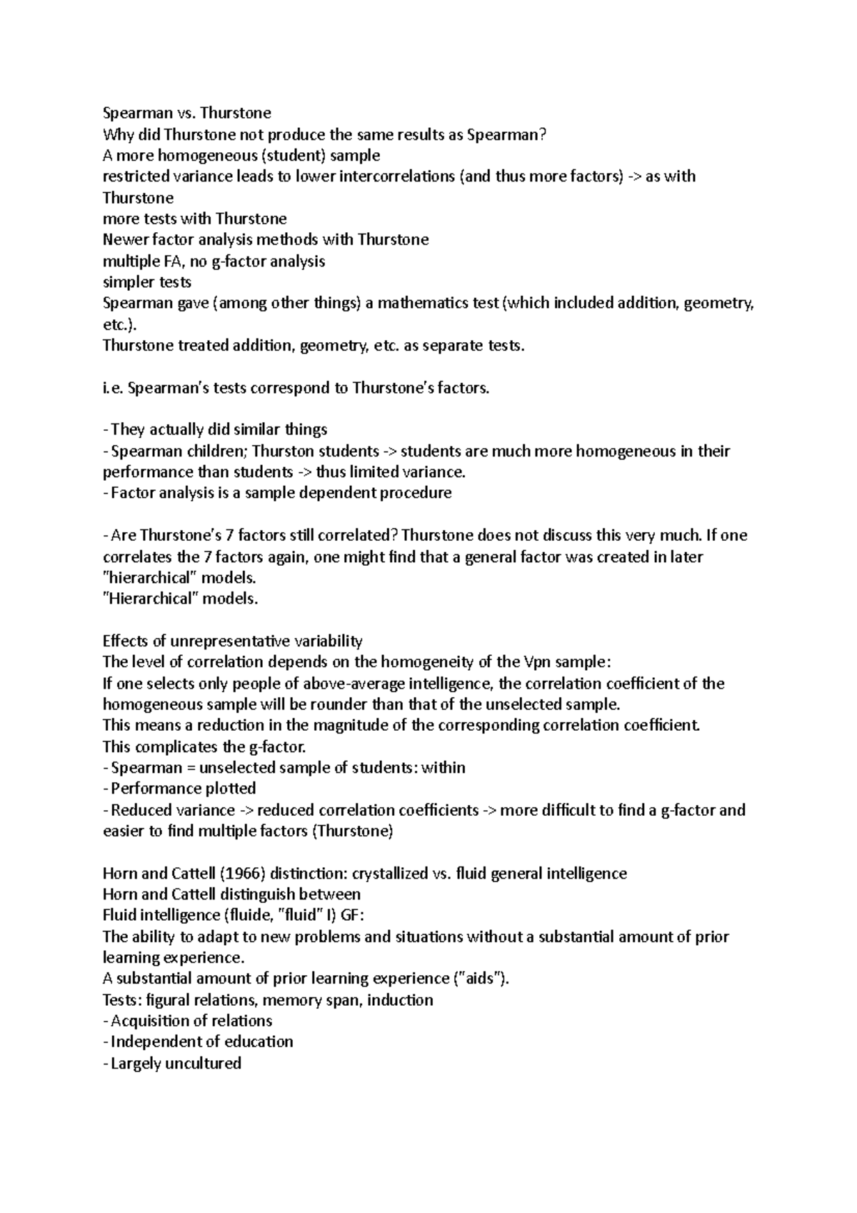 Spearman vs - Psychology - Spearman vs. Thurstone Why did Thurstone not ...