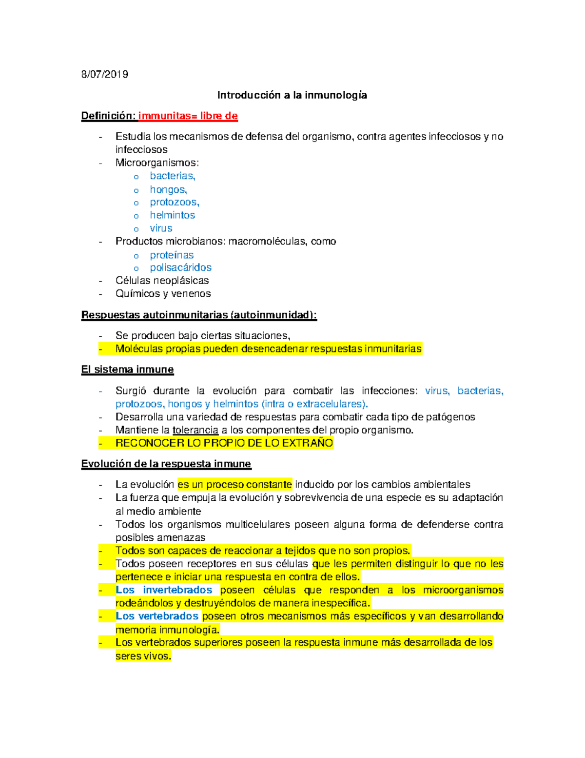 Inmunología Primer bloque - Warning: TT: undefined function: 32 8/07/ Introducción a la ...