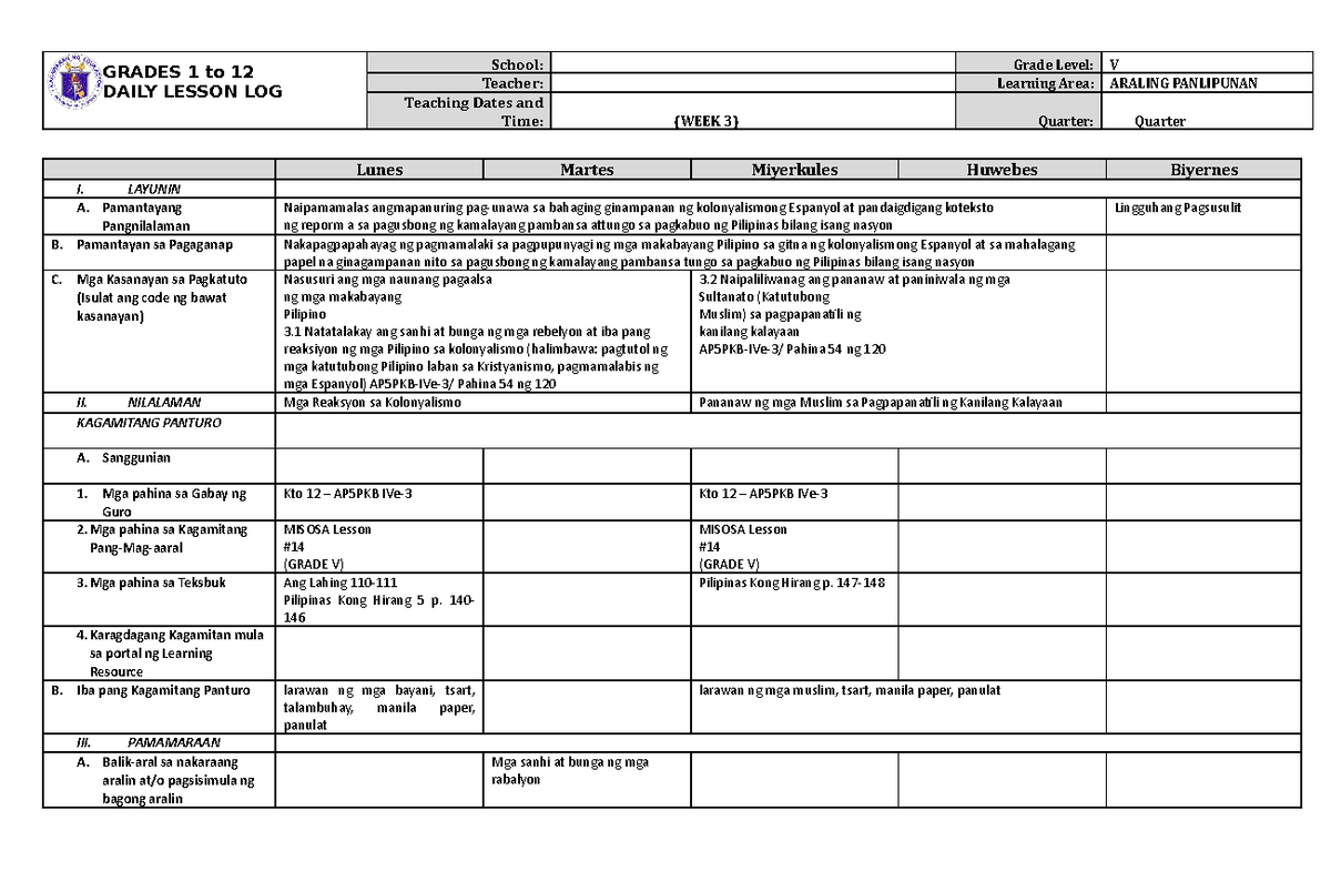 Grade 5 DLL Araling Panlipunan 5 Q4 Week 3 - GRADES 1 to 12 DAILY ...