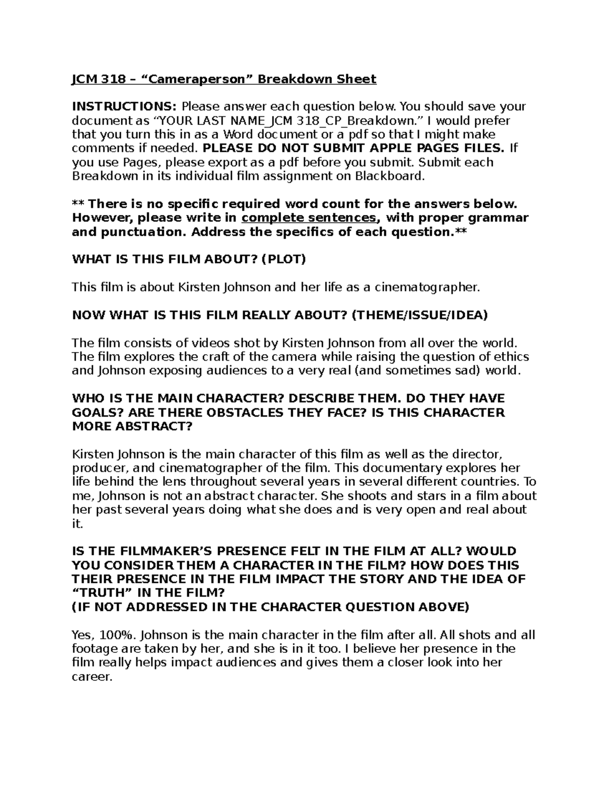 Greene JCM318 CP Breakdown - JCM 318 – “Cameraperson” Breakdown Sheet INSTRUCTIONS: Please ...