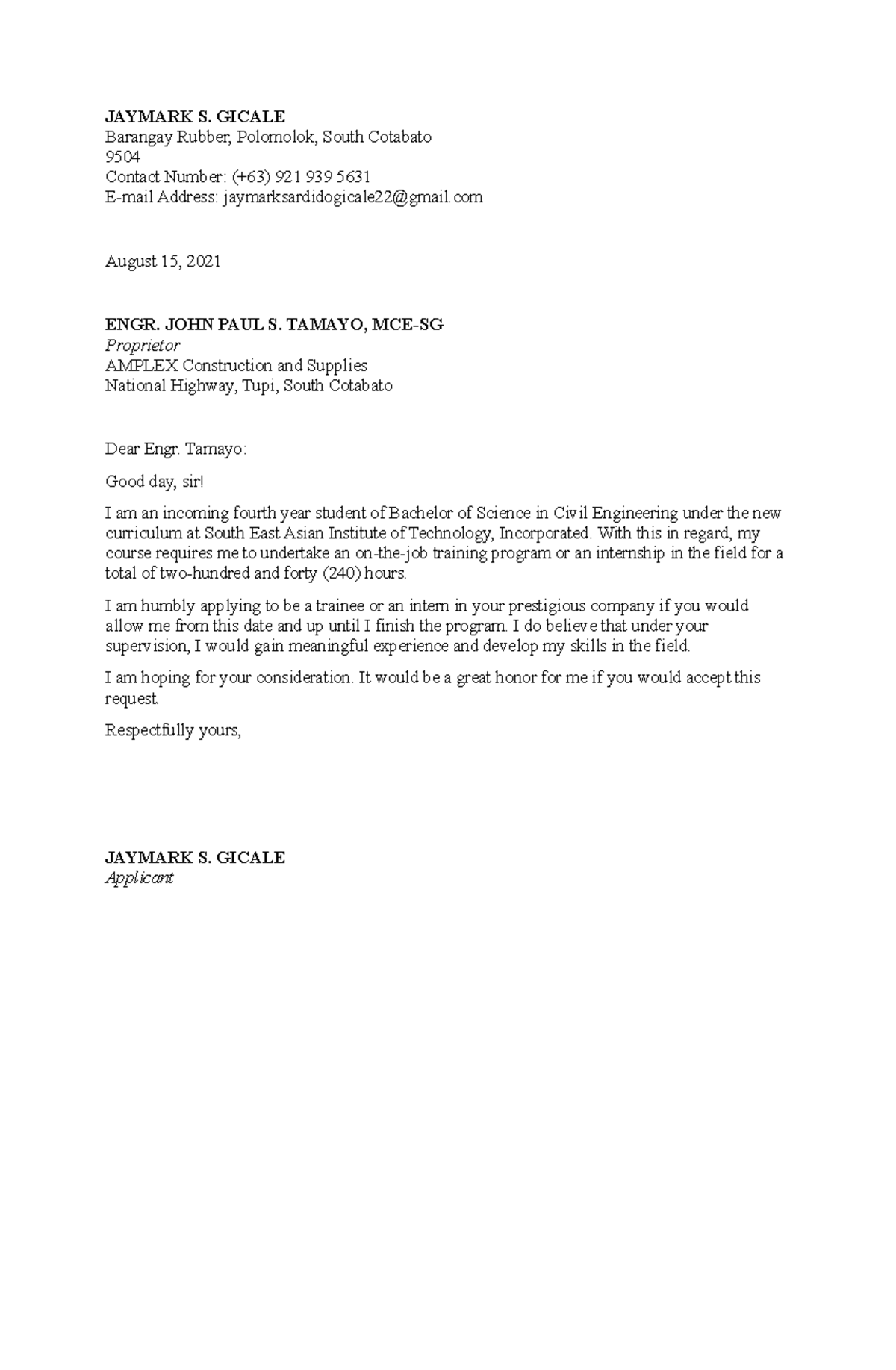 Gicale-Application-Letter - JAYMARK S. GICALE Barangay Rubber ...